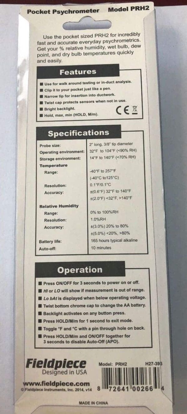 Fieldpiece PRH2 - Digital Pocket Psychrometer - HVACR