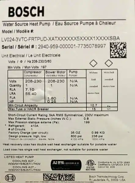 Bosch LV024-3VTC 2 Ton Right Return Florida Heat Pump Water Source Unit ...