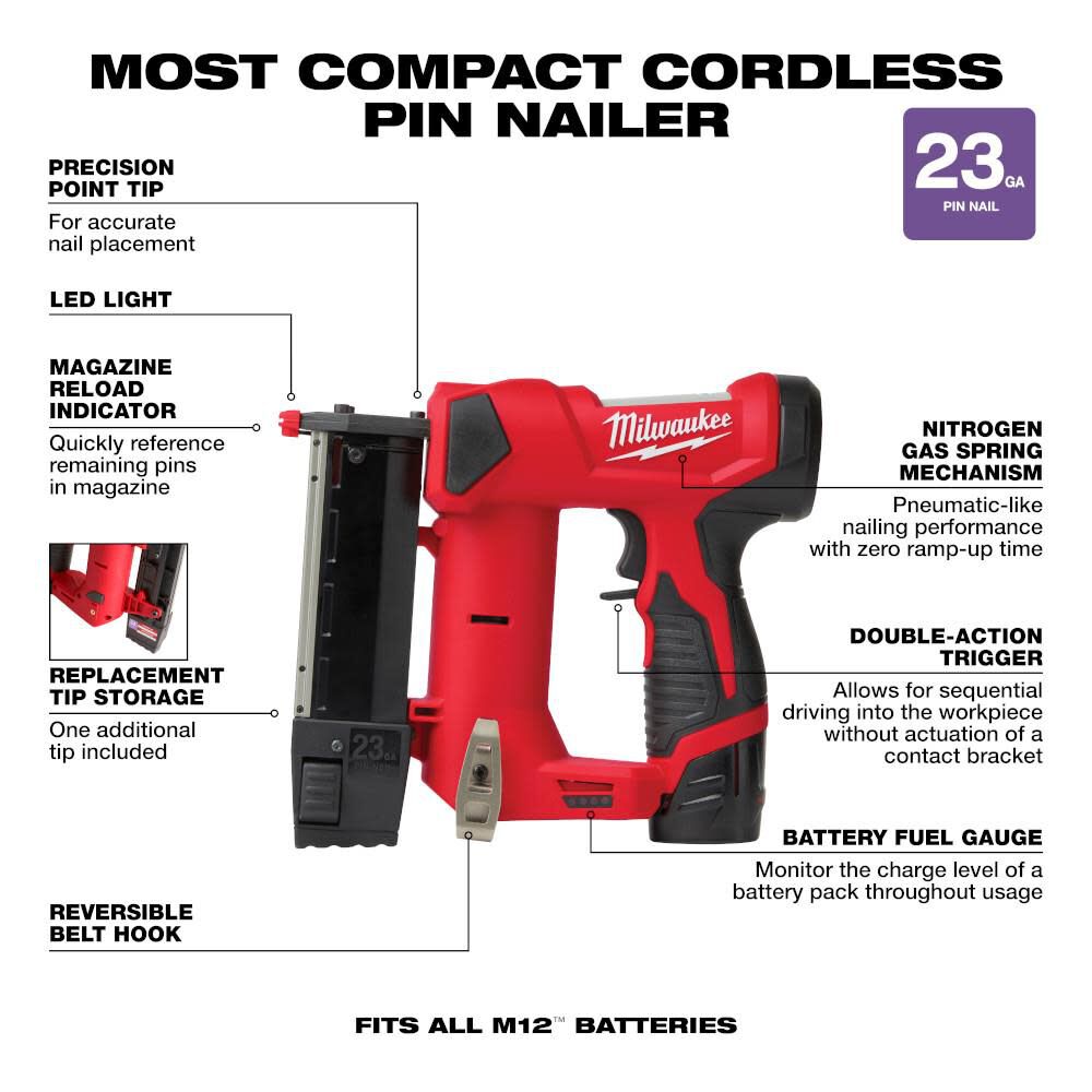 Milwaukee M12 23 Gauge Pin Nailer Kit